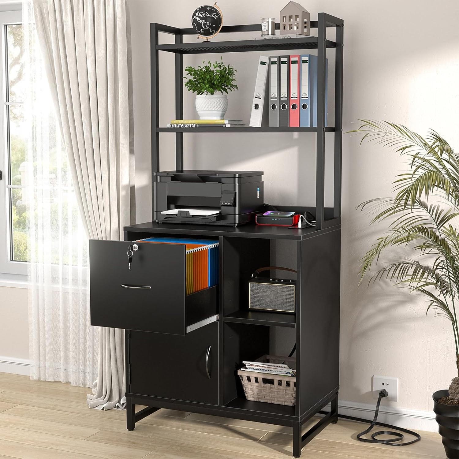 Vertical Filing Cabinet with Lock & Charging Station Large Drawer Wood ...