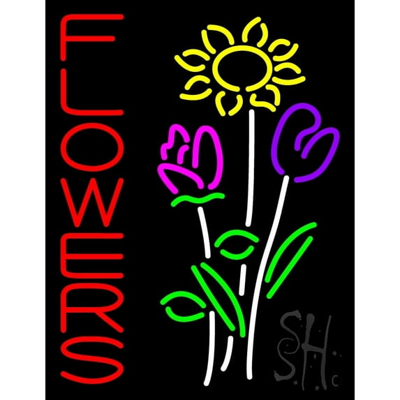 Vertical Flowers with Logo LED Neon Sign 19 x 15 - inches, Black Square ...