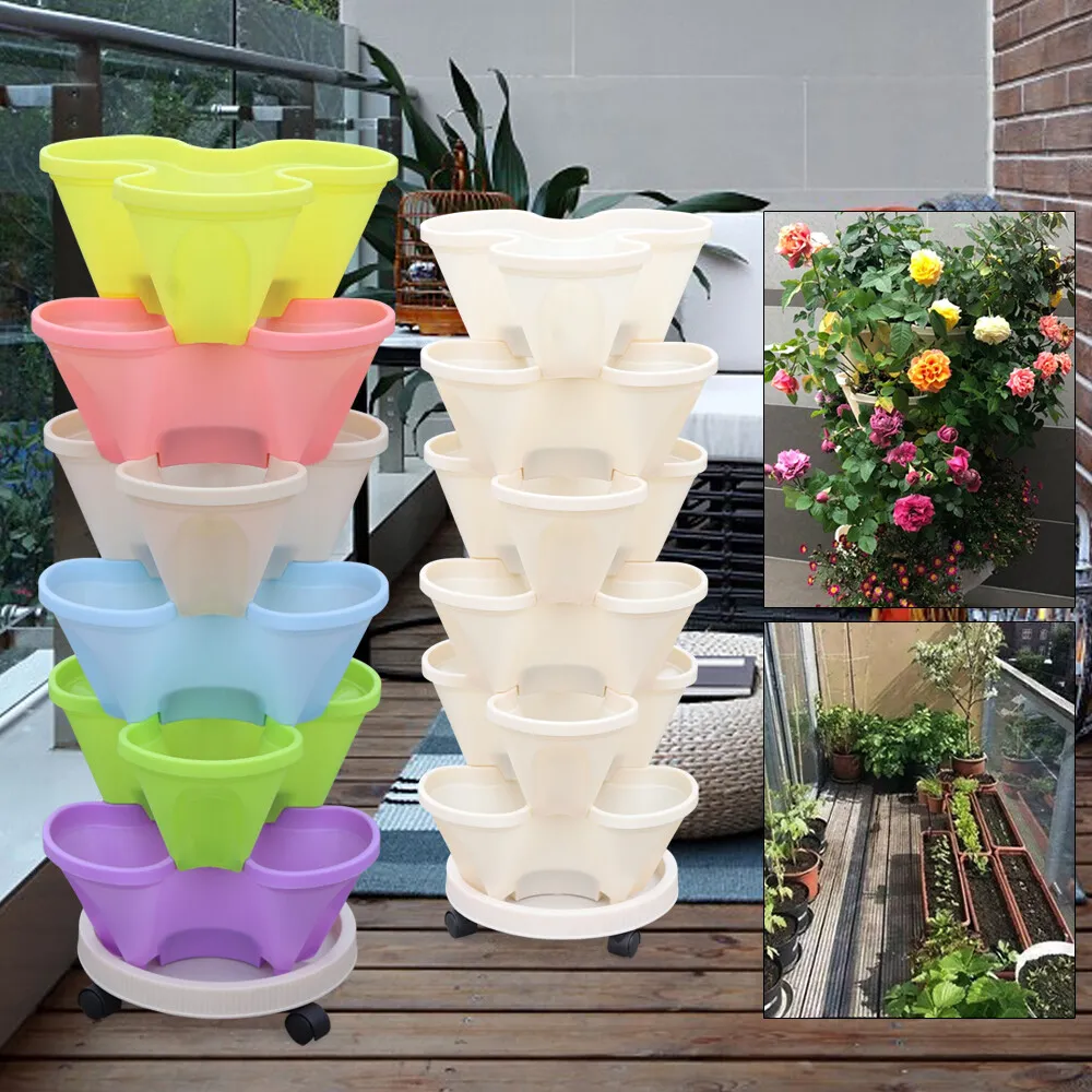 Vertical Garden Tower Stackable Plant Flower Pots with Caddy Milky 6 ...