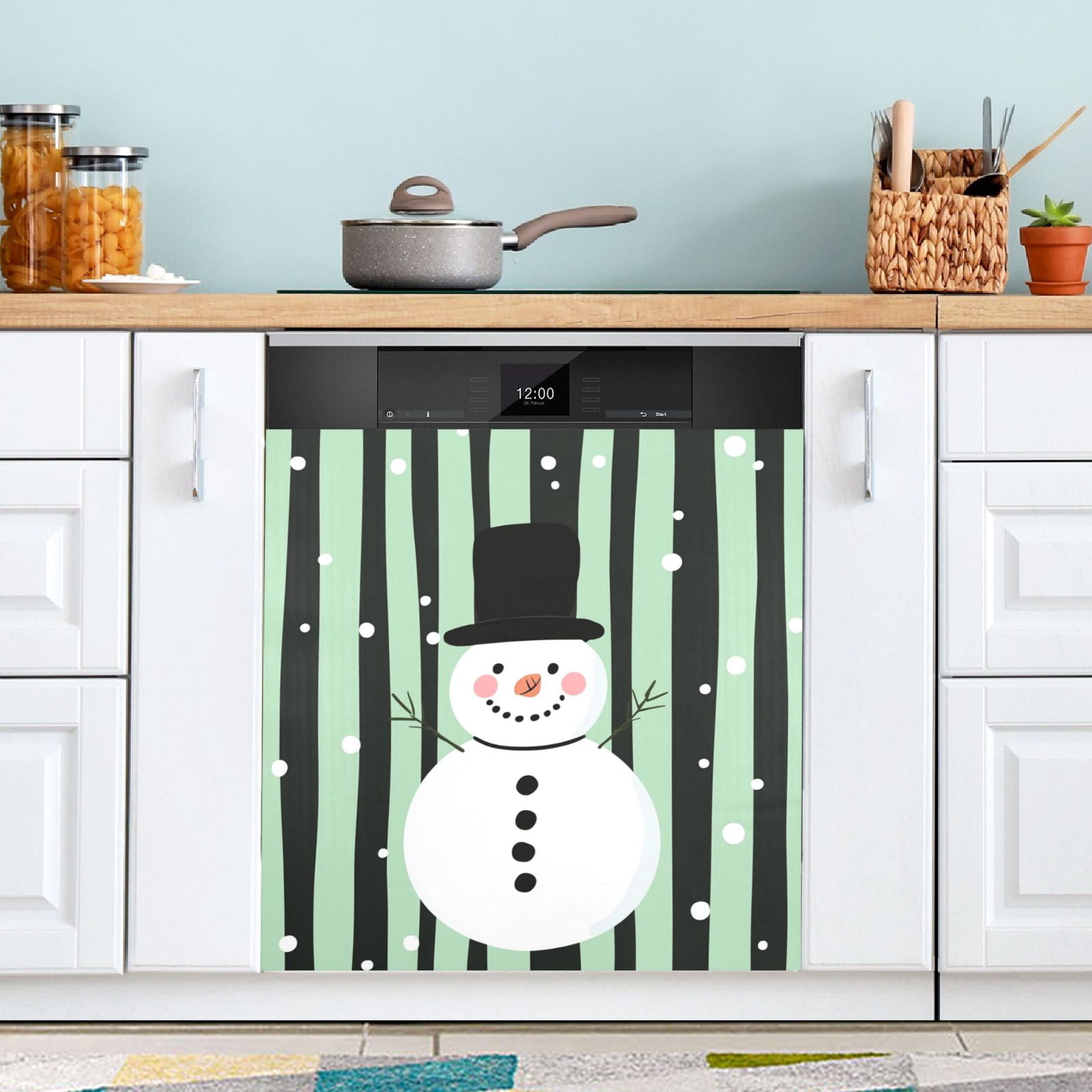 Vertical Green-black Stripes Snowman Dishwasher Magnet Refrigerator ...