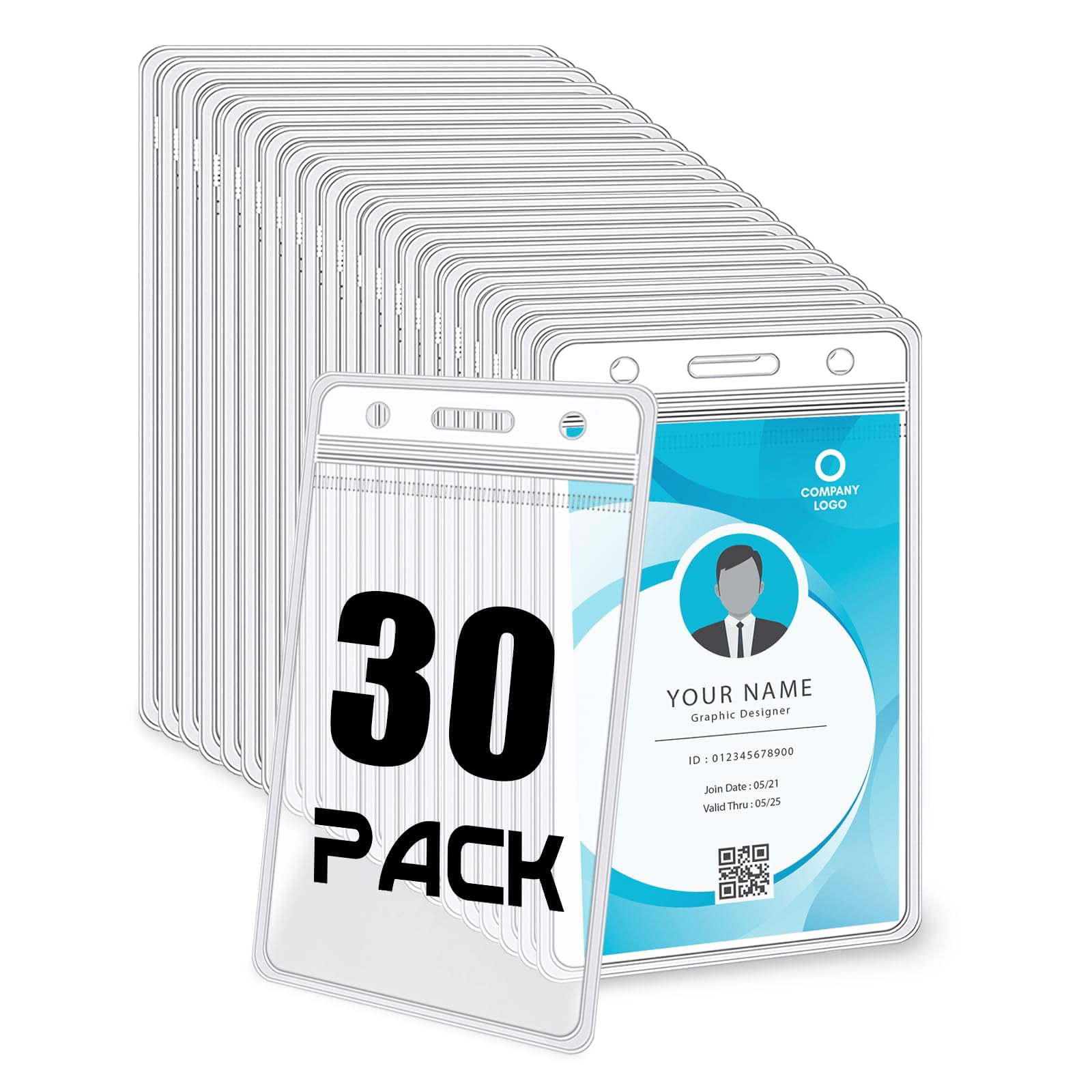 Vertical ID Badge Holders Clear Plastic, 30 Pack Waterproof Resealable ...