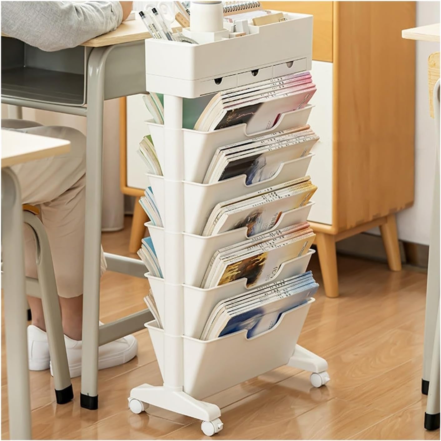 Vertical Narrow Bookshelf Organizer, Movable Classroom Deskside ...
