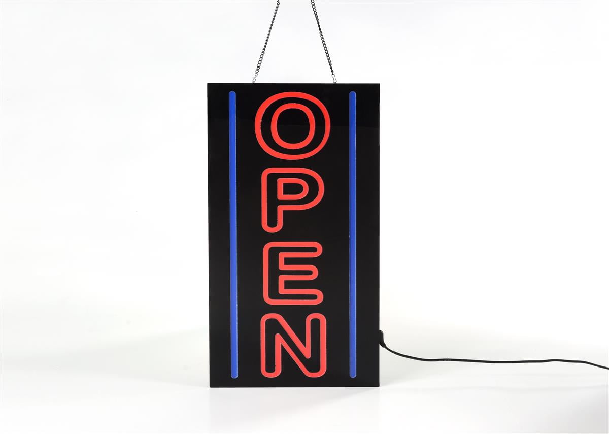 Vertical Open Sign for Window Displays, Red Lettering with Blue Lines ...
