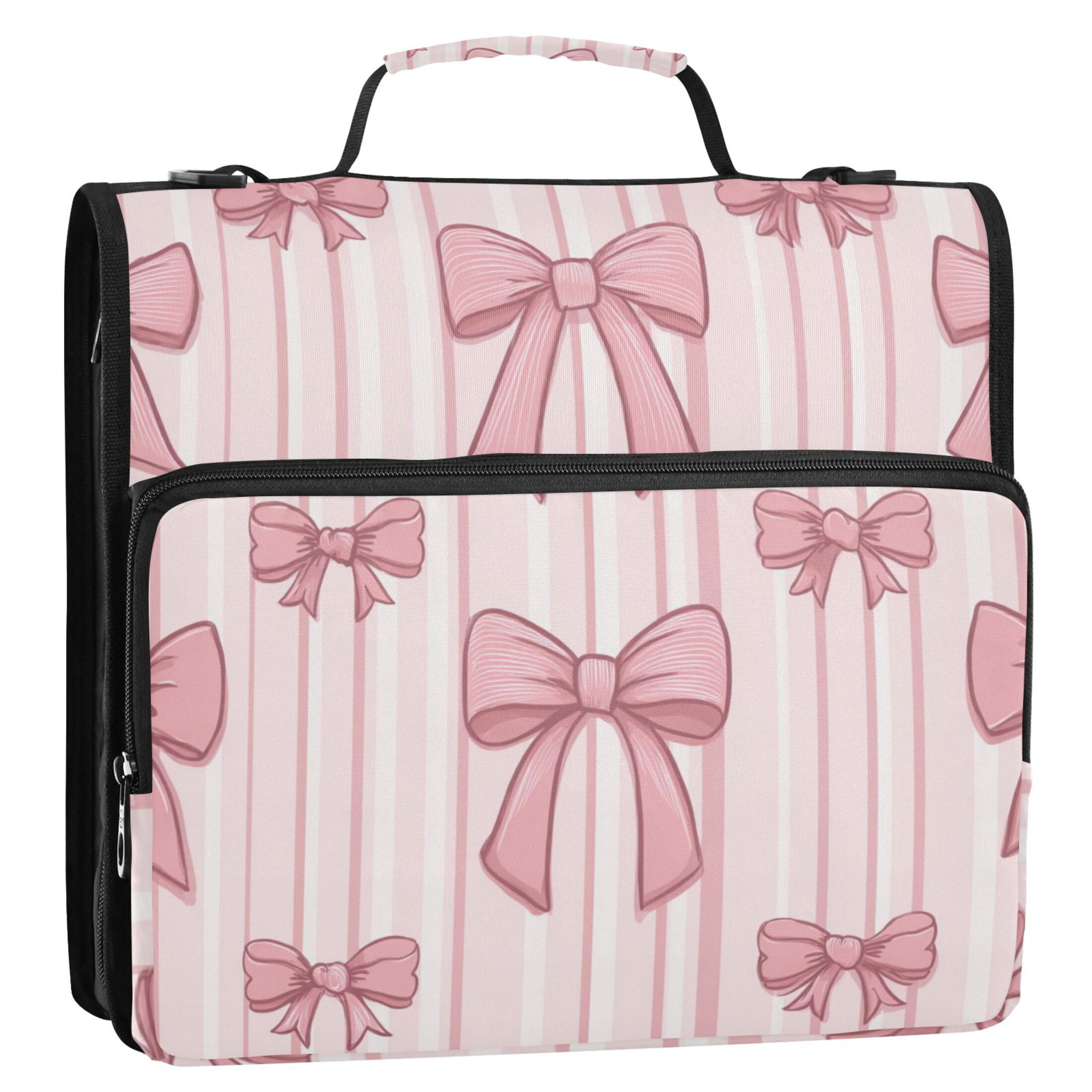 Vertical Pink Stripes with Bows Binder Bag with Shoulder Strap 3 Ring ...