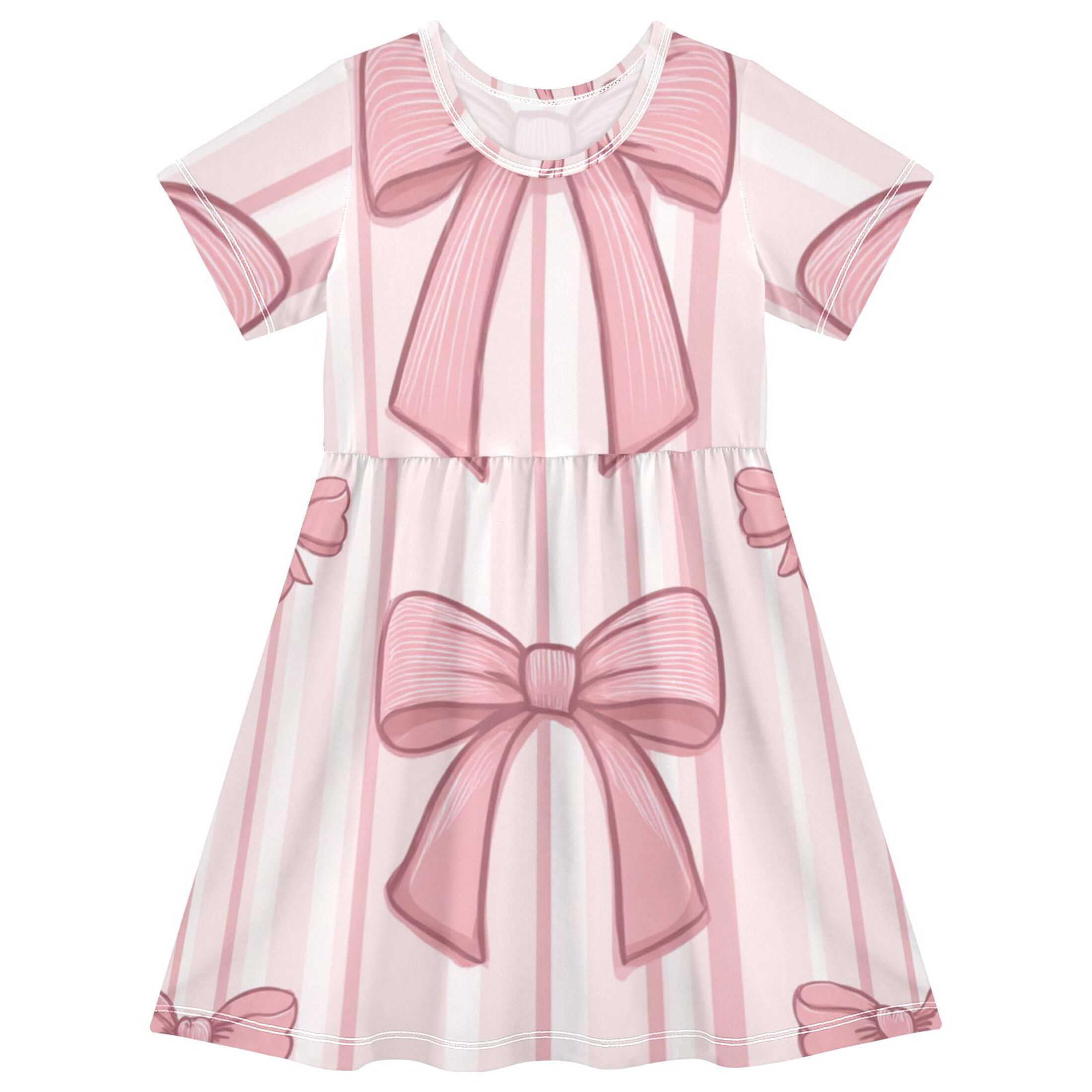 Vertical Pink Stripes with Bows Girls' Short Sleeve Dress A-Line One ...