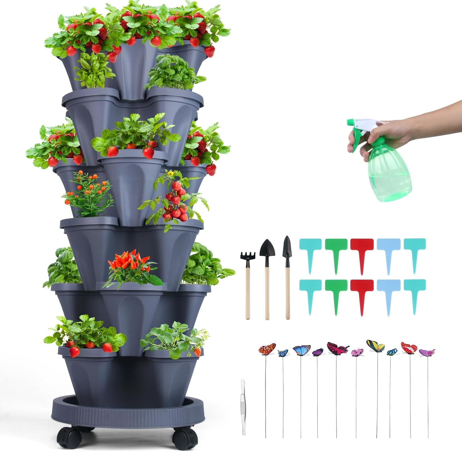 Vertical Planter, 6 Tier Stackable Strawberry Planter with Garden Tool Set, Movable Planter ...