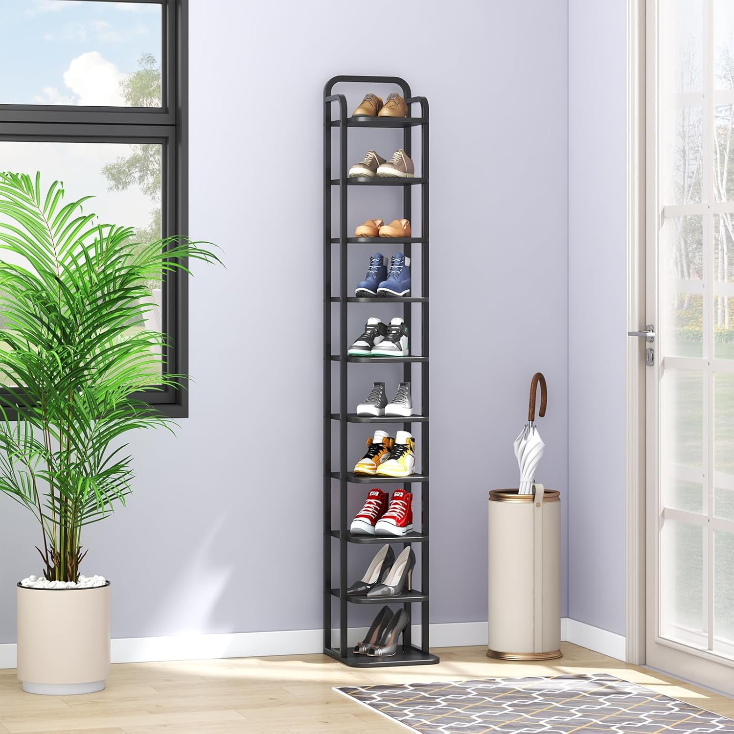 Vertical Shoe Rack, Shoe Shelves with 2 Hooks, Wood Shoe Organizer for ...