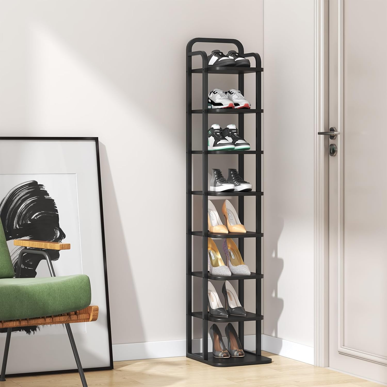 Vertical Shoe Rack, Shoe Shelves with 2 Hooks, Wood Shoe Organizer for ...