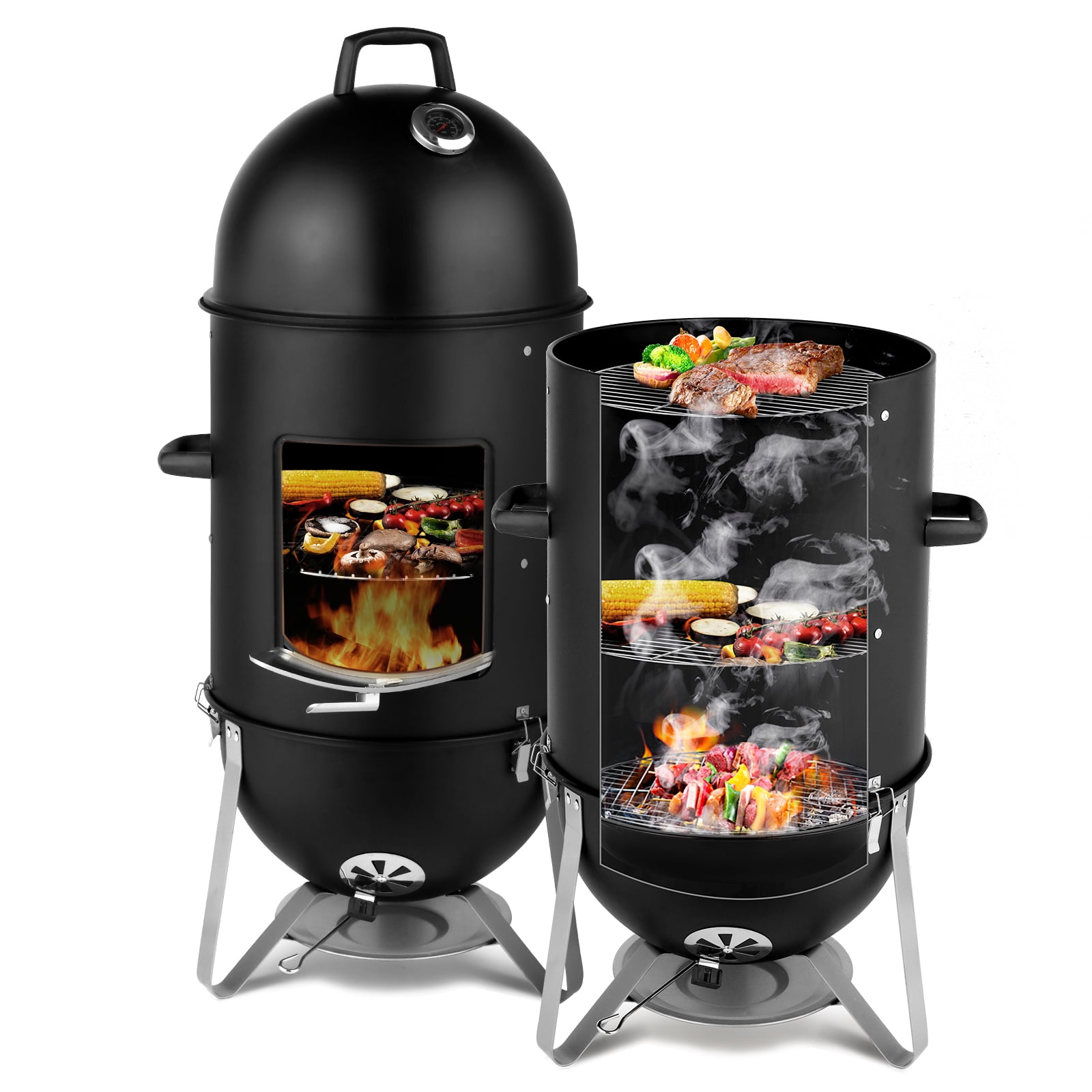 Vertical Steel Charcoal Smoker, Heavy Duty Three Layer Round BBQ Grill ...