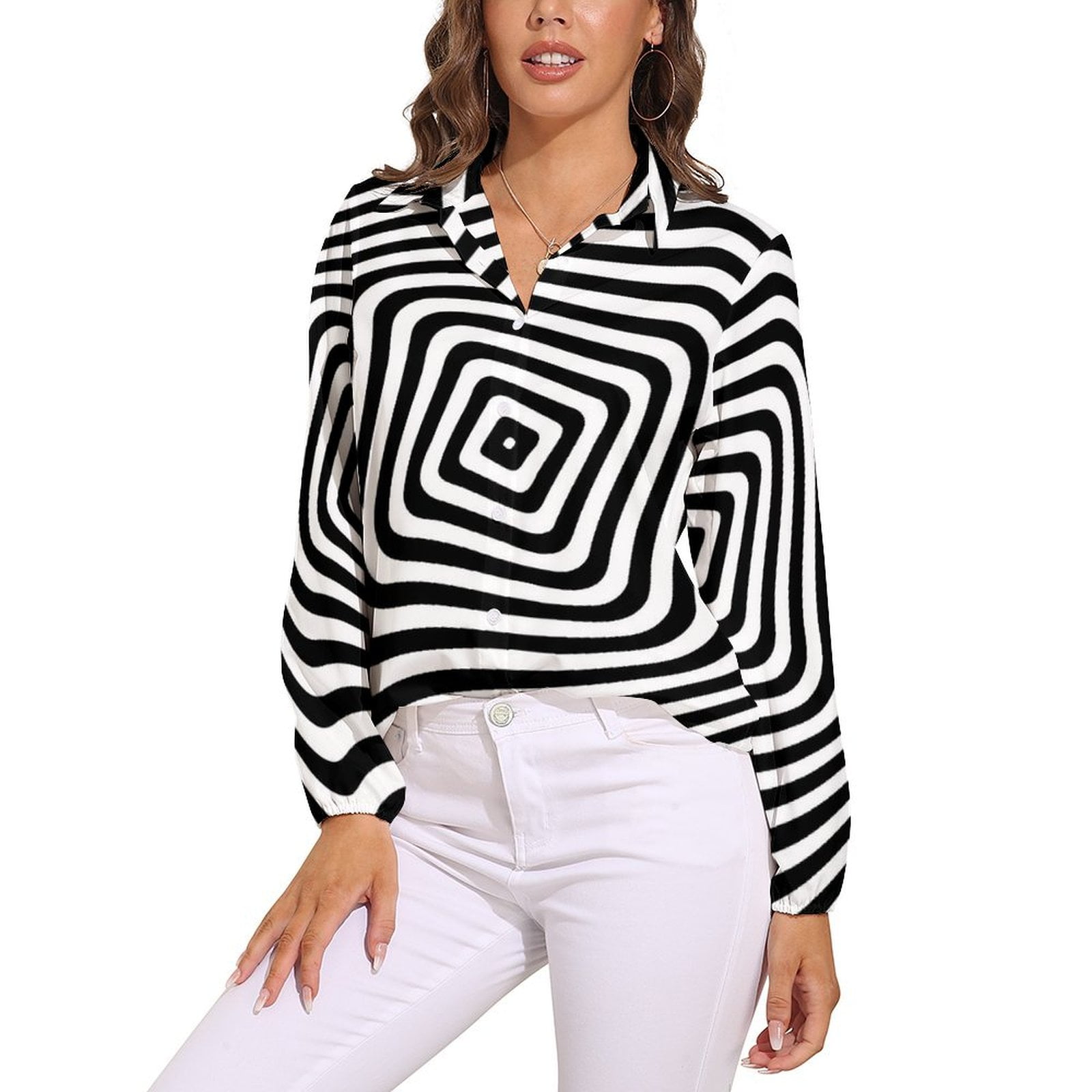 Vertical Striped Blouse Long-Sleeve Black and White Kawaii Blouses ...
