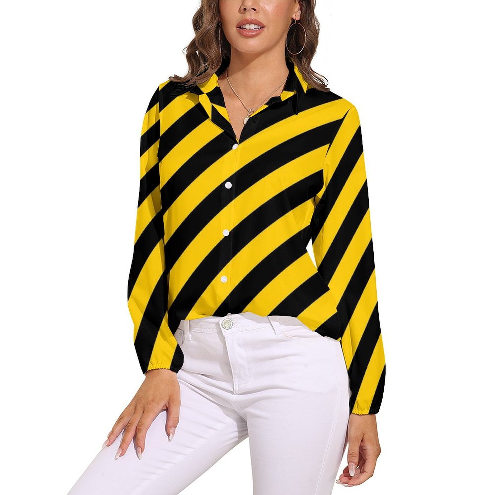 Vertical Striped Blouse Long-Sleeve Black and White Kawaii Blouses Women Classic Oversized ...