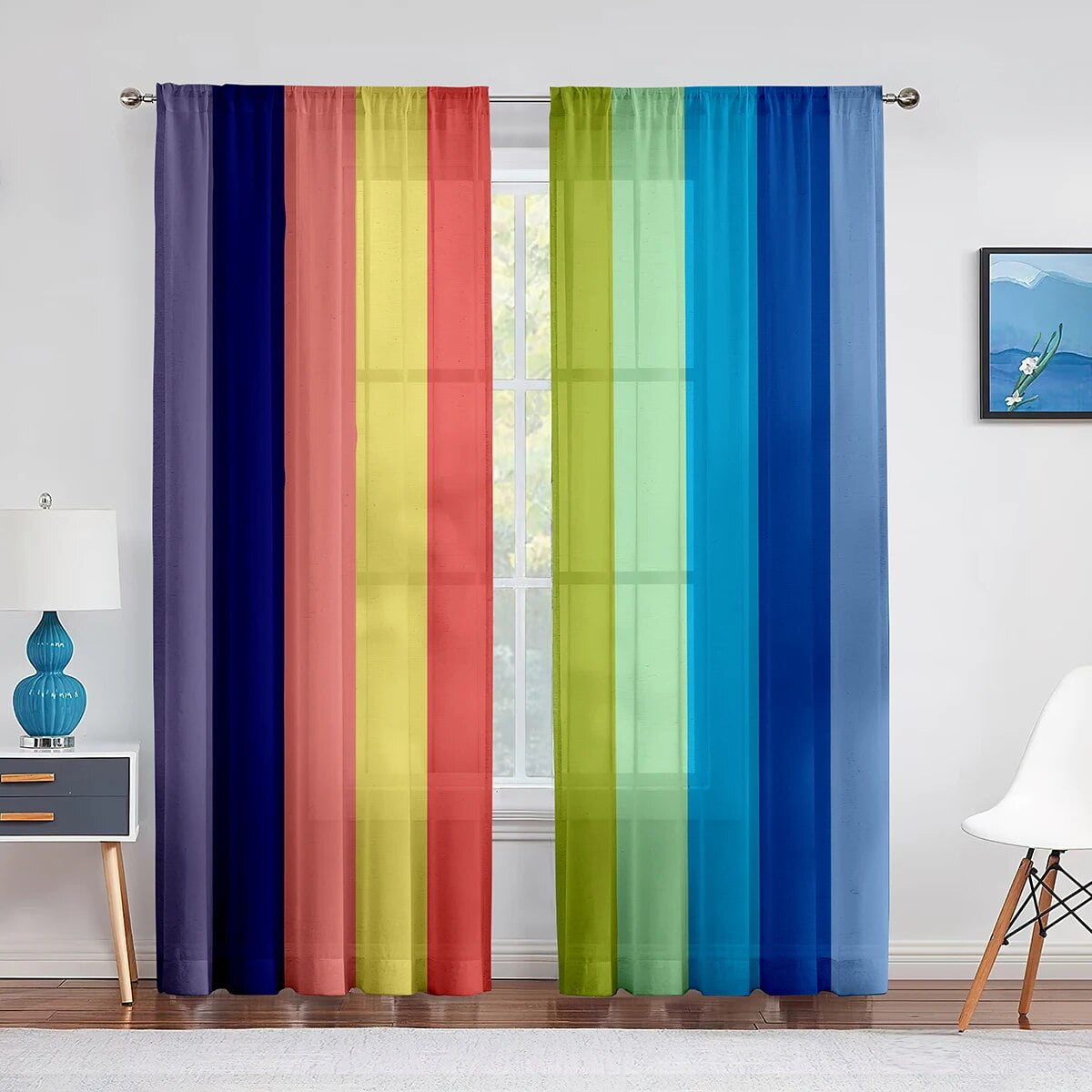 Vertical Striped Geometric Straight Lines Tulle Curtains for Living ...