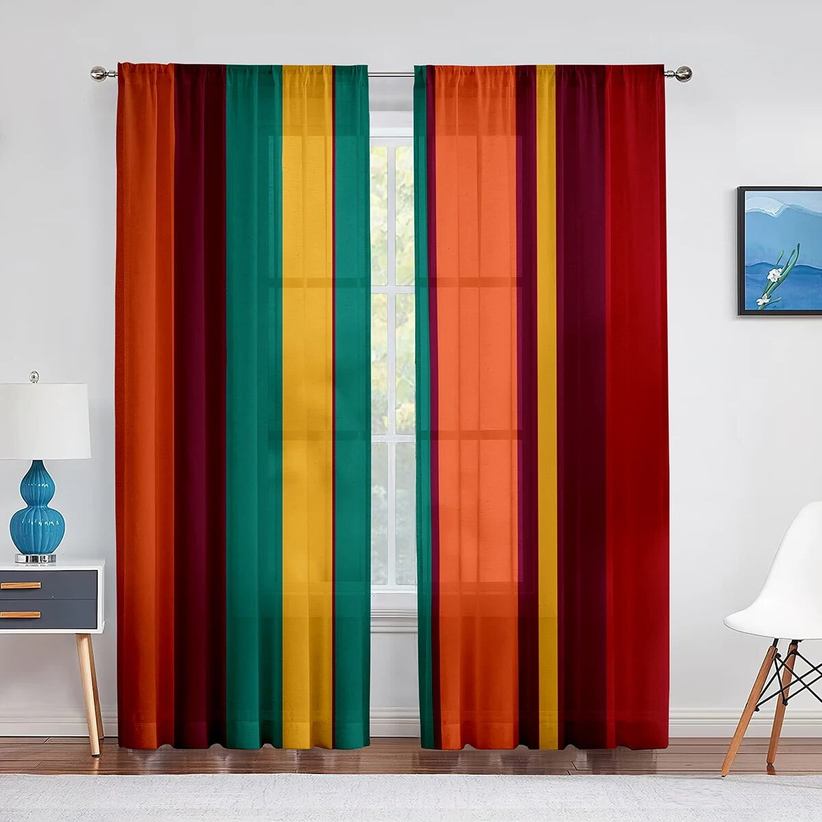 Vertical Striped Geometric Straight Lines Tulle Curtains for Living ...