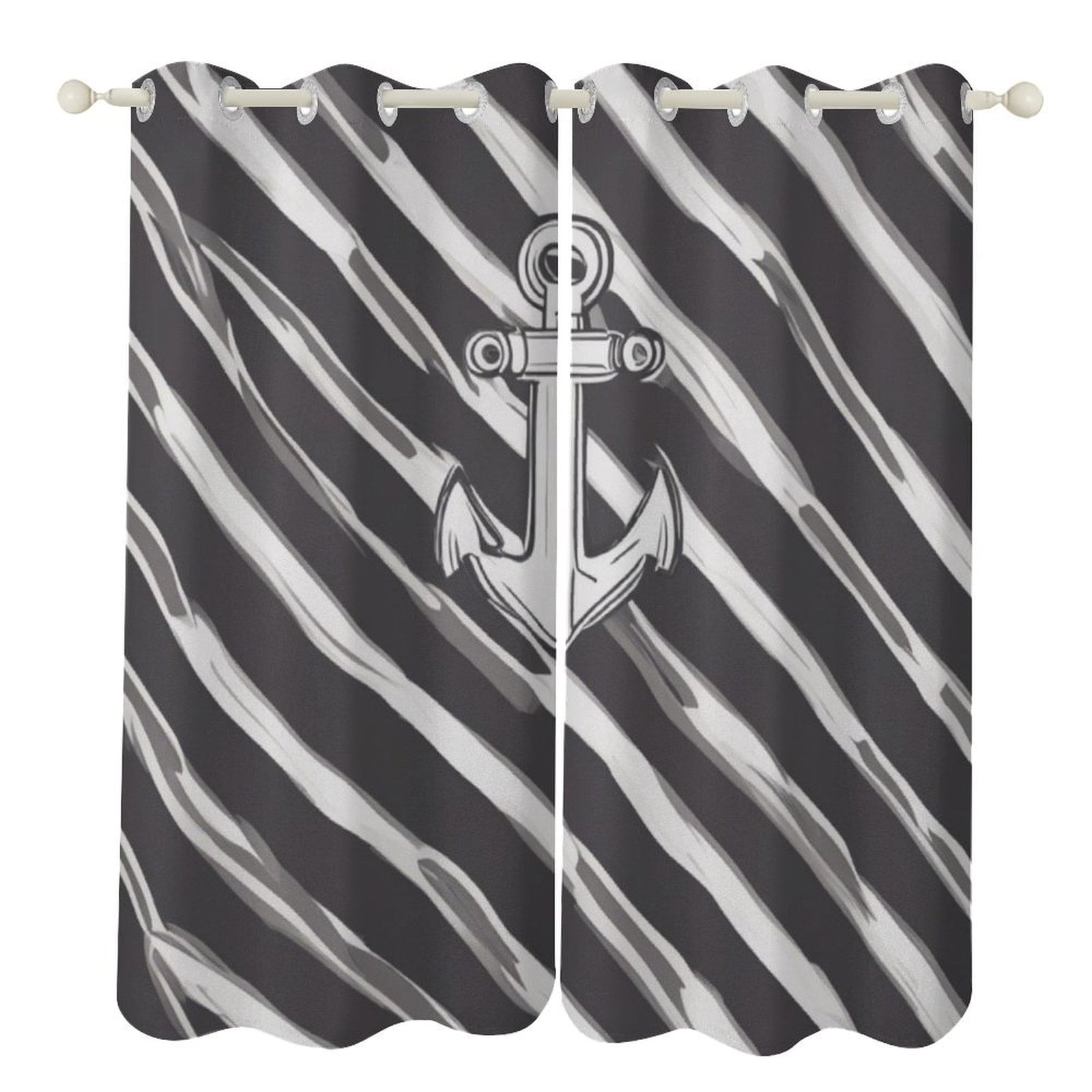 Vertical Striped White Anchor Curtains 2 Panels Set Blackout for ...