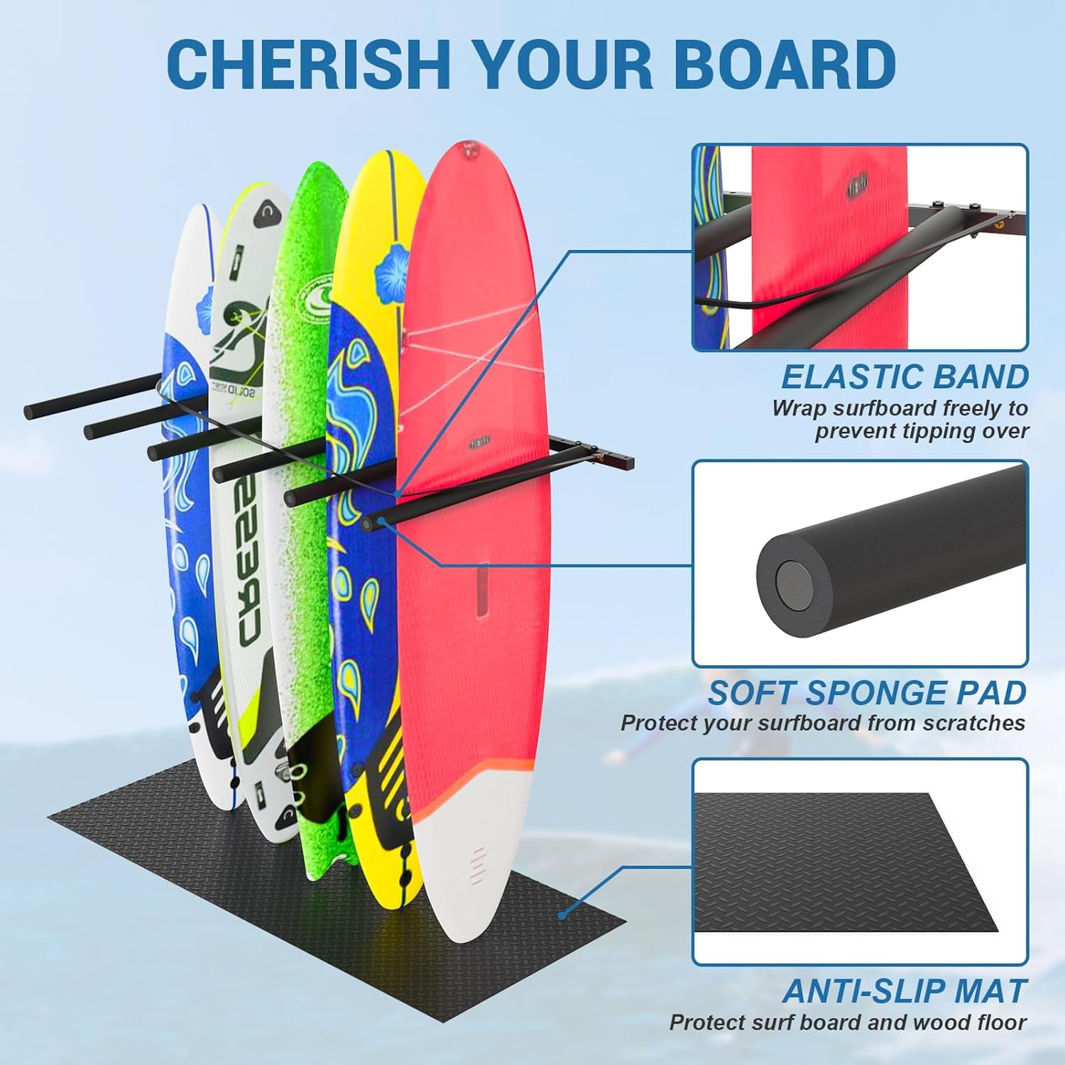 Vertical Surfboard Rack for Wall - 6 Arms Metal Garage Surfboard Stand ...