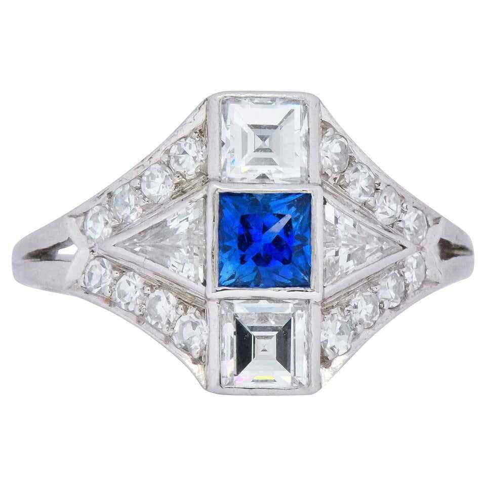 Vertical Three Stone Diamond Engagement Ring, Blue Sapphire Diamond ...