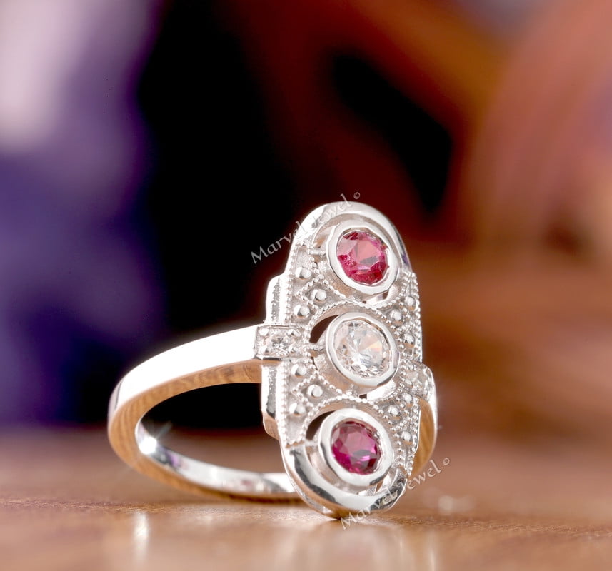 Vertical Three Stone Diamond Engagement Ring, Vintage Dinner Ring, Art ...