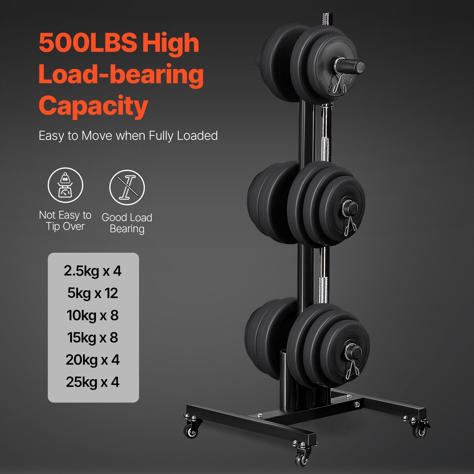 Vertical Weight Plate Rack Home Gym Barbell Storage with Wheels 1000 ...