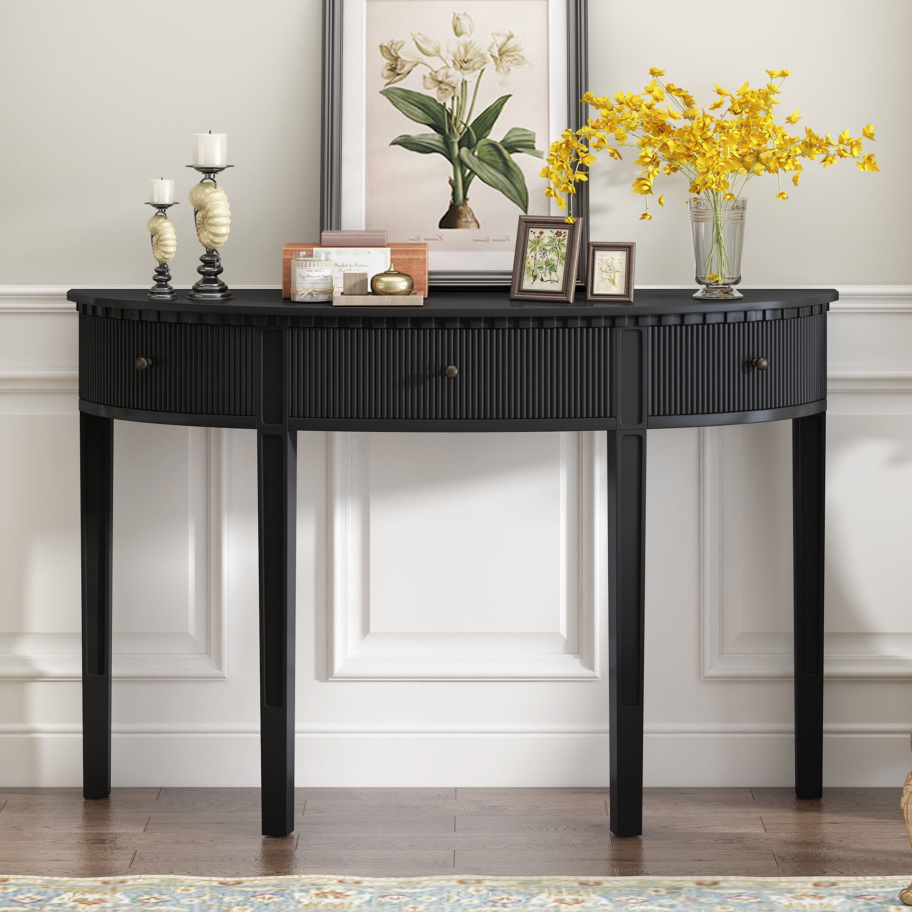 Vertical stripe designed MDF console table with three drawers for ample ...