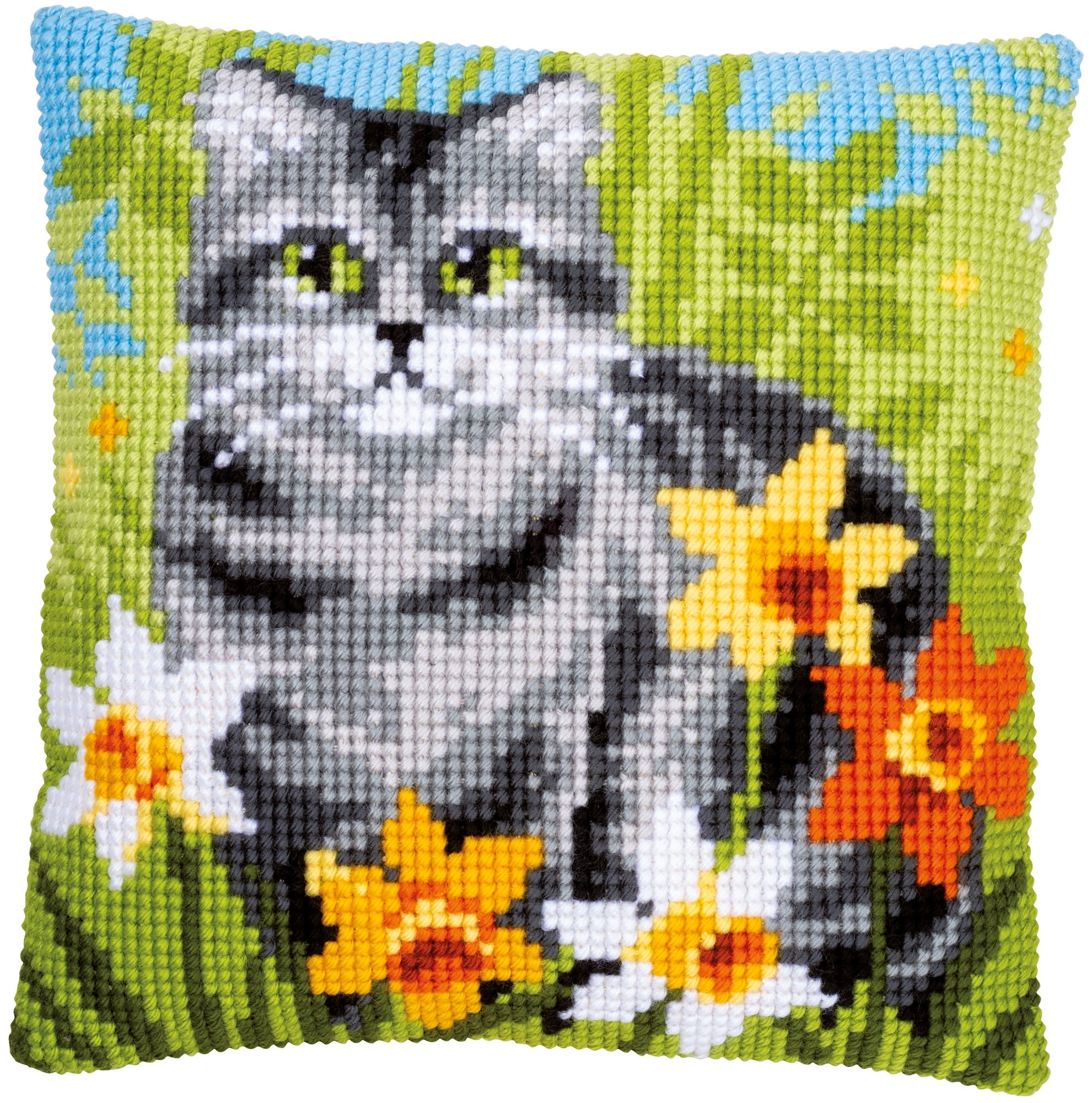 Vervaco Stamped Cross Stitch Cushion Kit 16"X16"-Cat Between Flowers ...