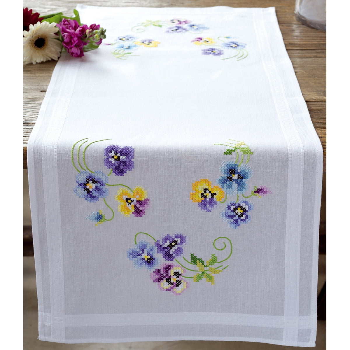 Vervaco Table Runner Stamped Embroidery Kit 16"X40"-Pretty Pansies ...