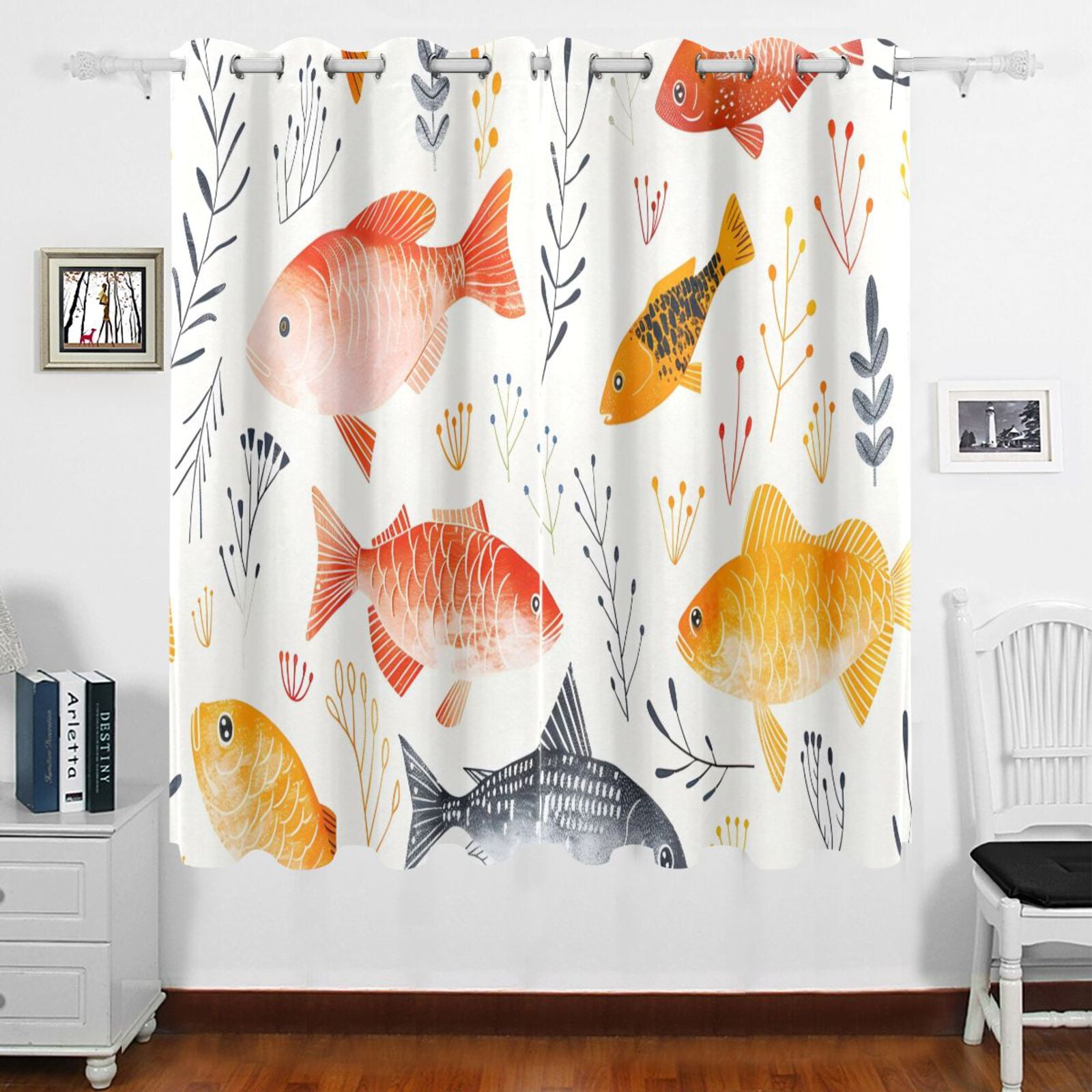 Very Cute Fish Curtains Grommet Black Out 63 Inch Length Curtain Drapes ...