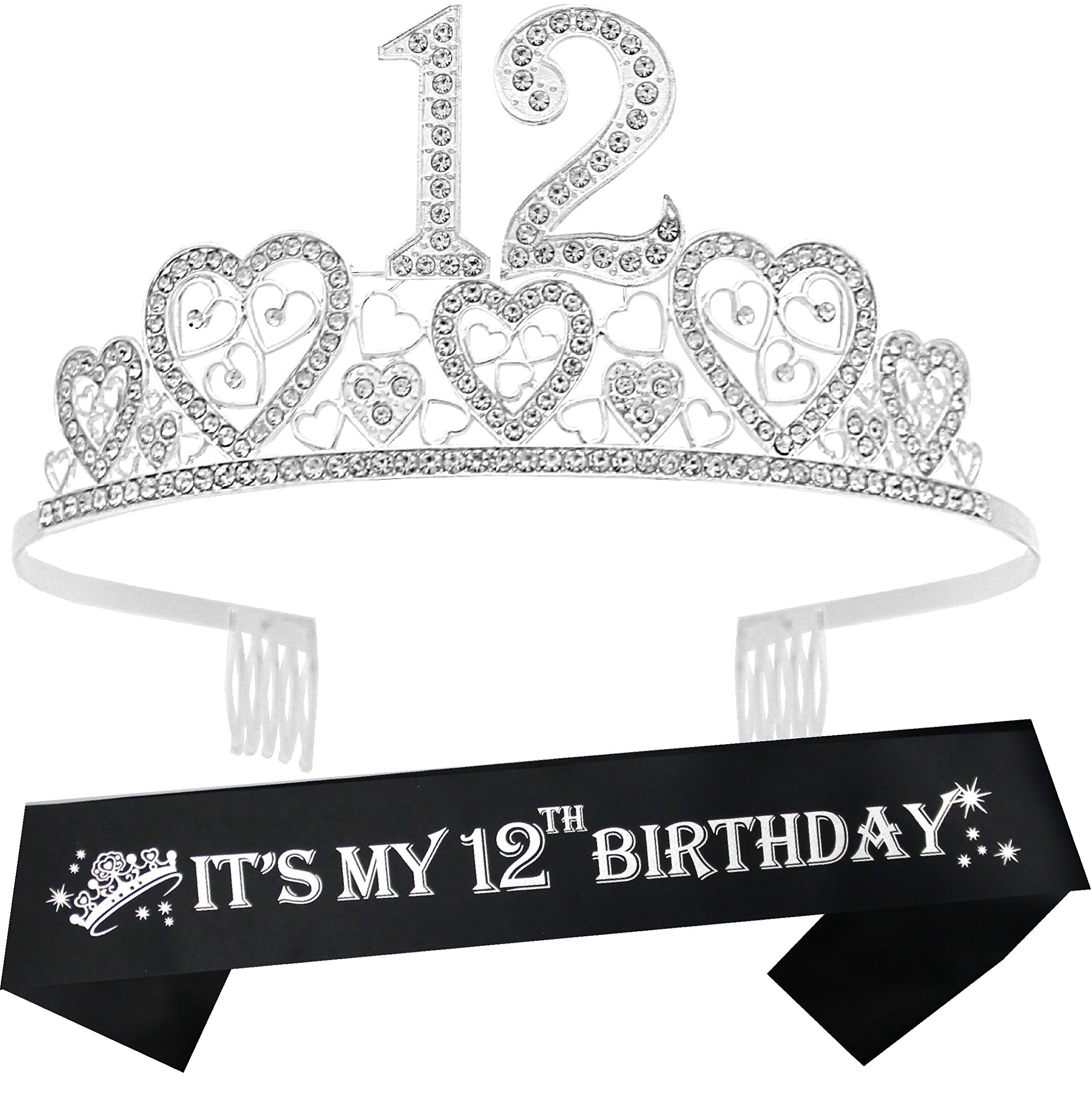 VeryMerryMakering 12th Birthday Glitter Sash & Silver Tiara Set for ...