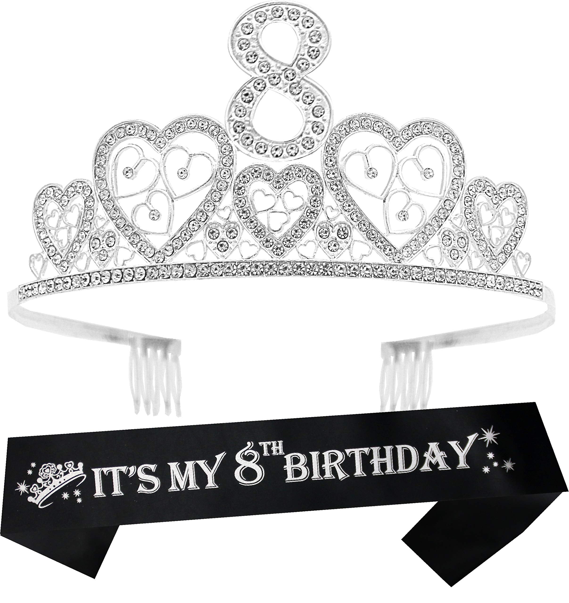 VeryMerryMakering 8th Birthday Glitter Sash & Silver Rhinestone Tiara Set for Girls - Walmart.com