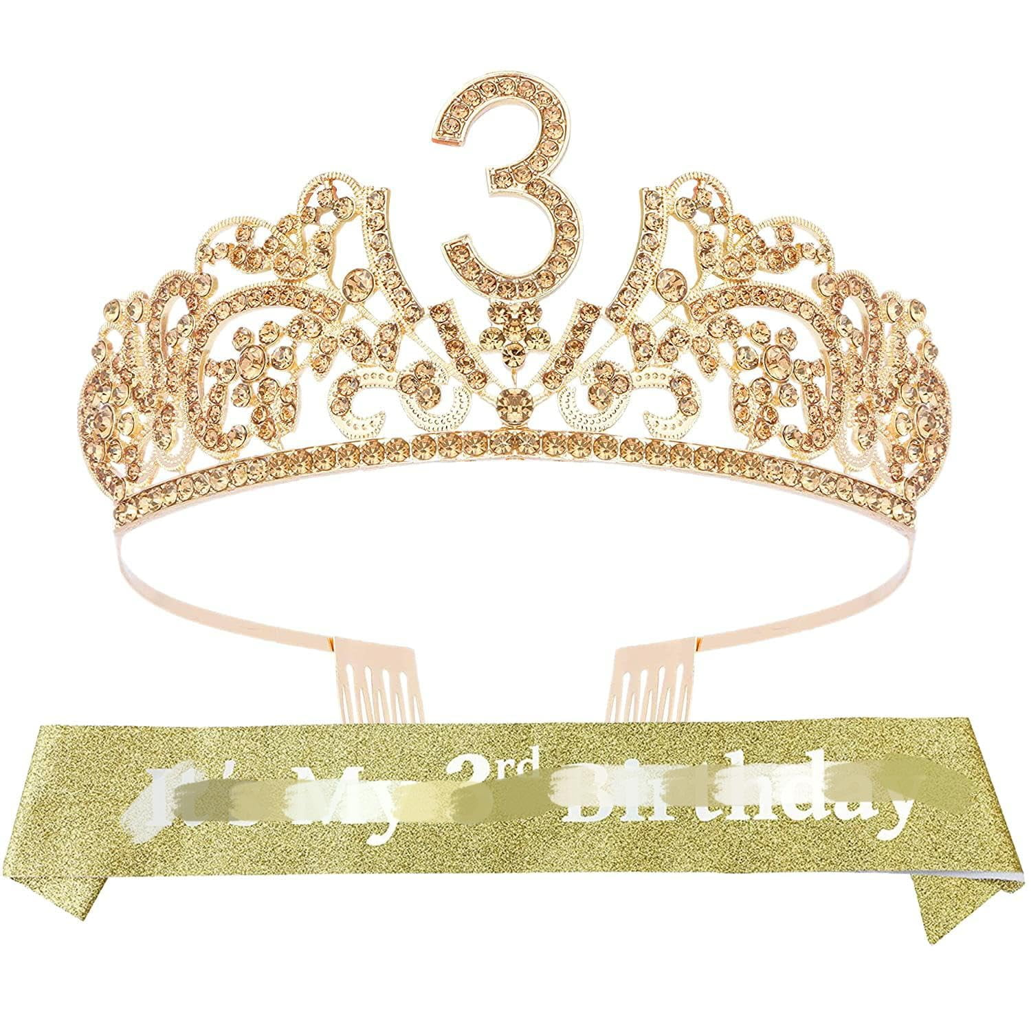 VeryMerryMakering Gold 3rd Birthday Sash and Tiara for Girls - Glitter Sash + Rhinestone Tiara ...