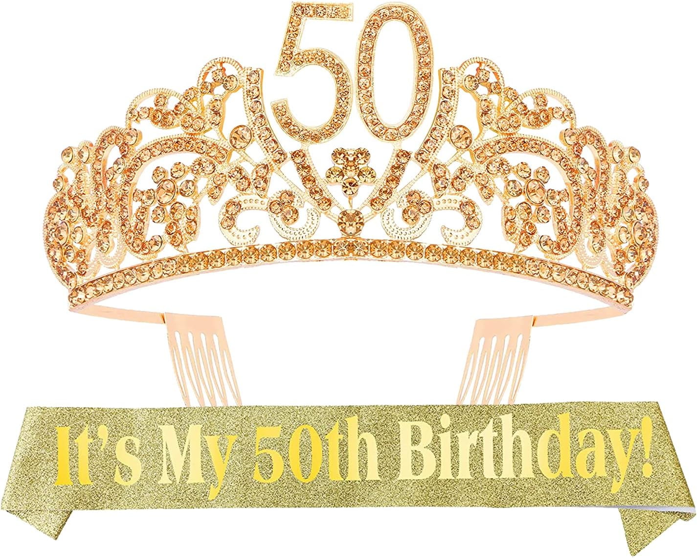 VeryMerryMakering 50th Birthday Queen Crown, Gold Sash and Glittery ...