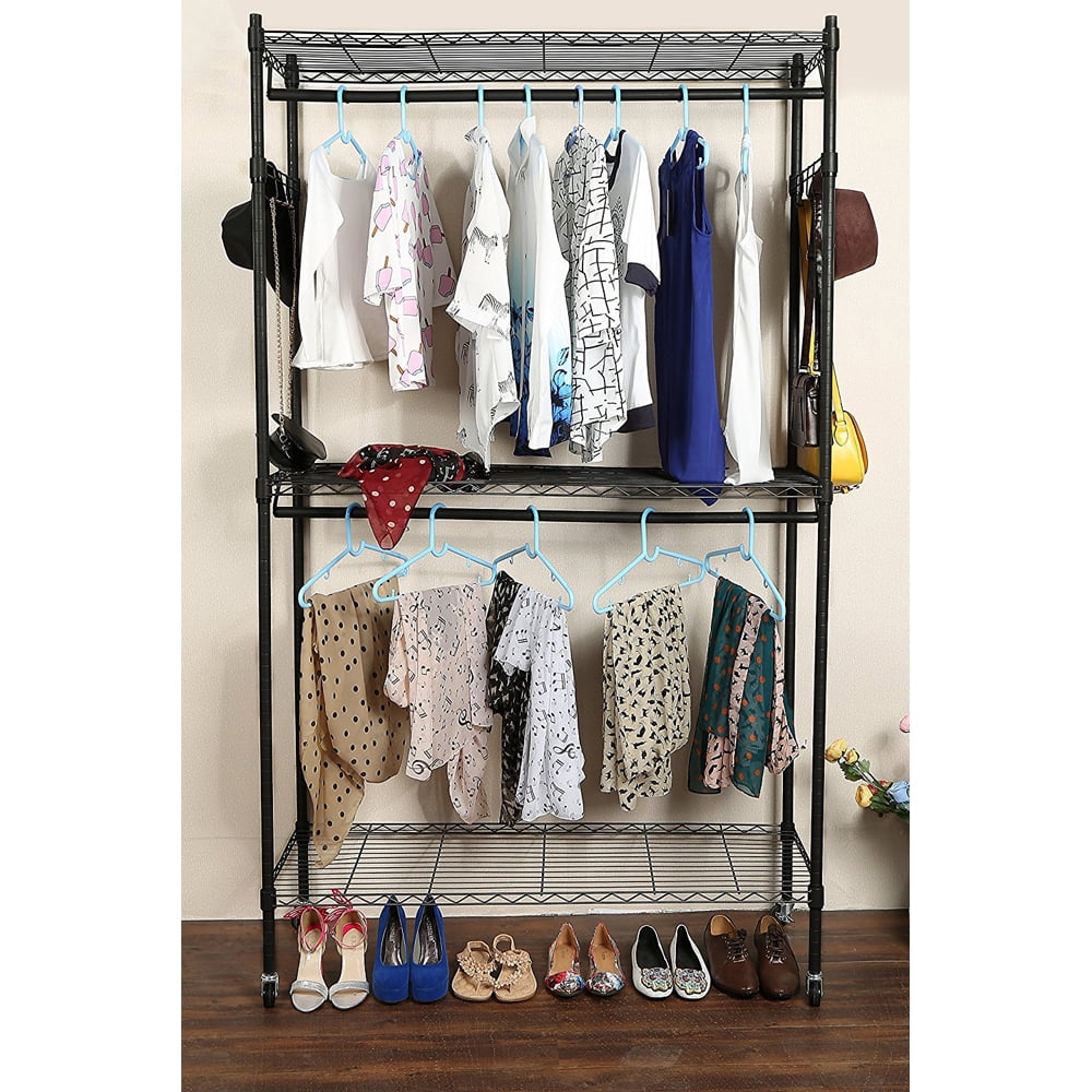 Veryke 2 Tier Rod Closet Organizer Garment Rack with Wheels, Clothes ...