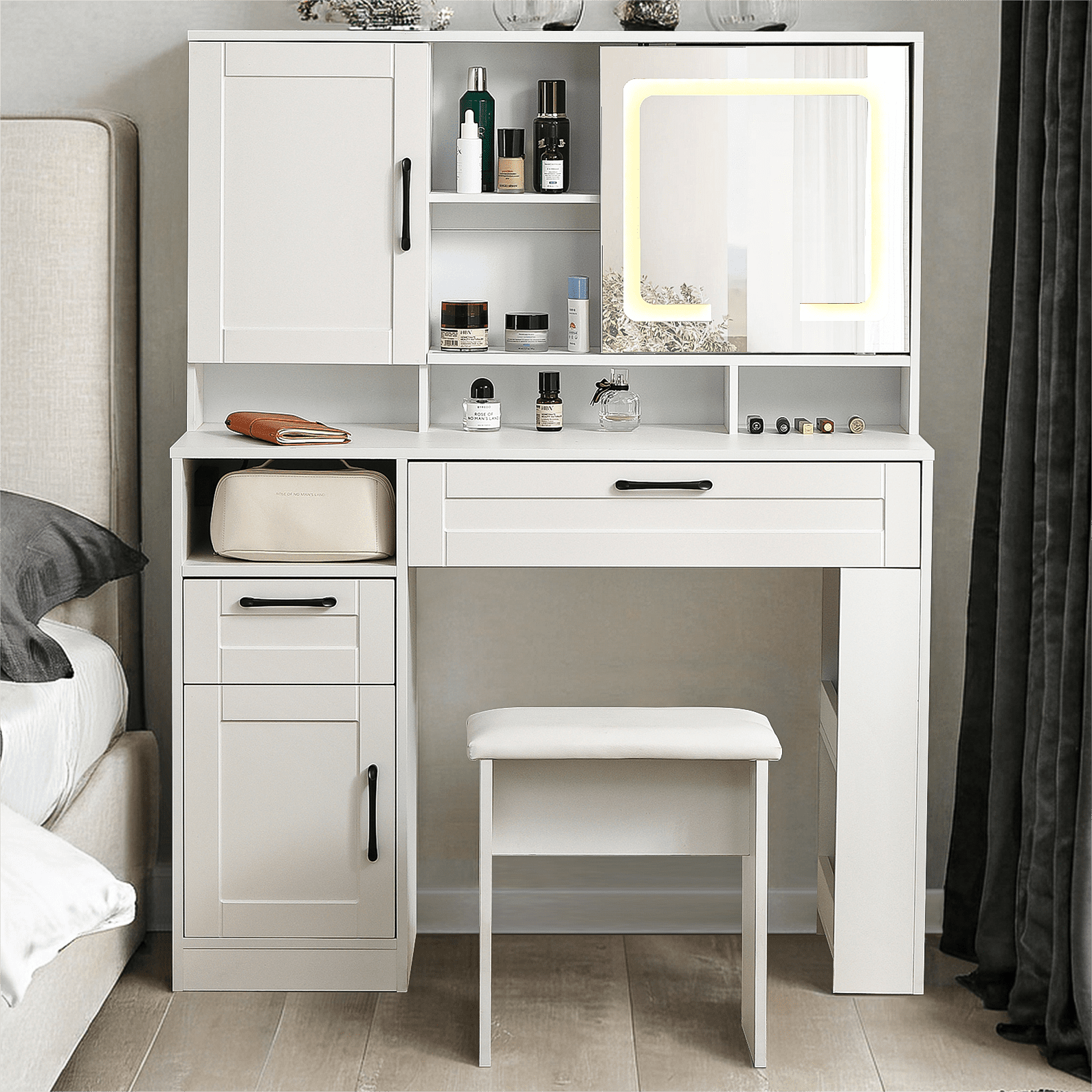 Veryke Antique White Makeup Vanity Desk Set with Lights Mirror in 3 Colors and Upholstered stool for Bedroom Walmart