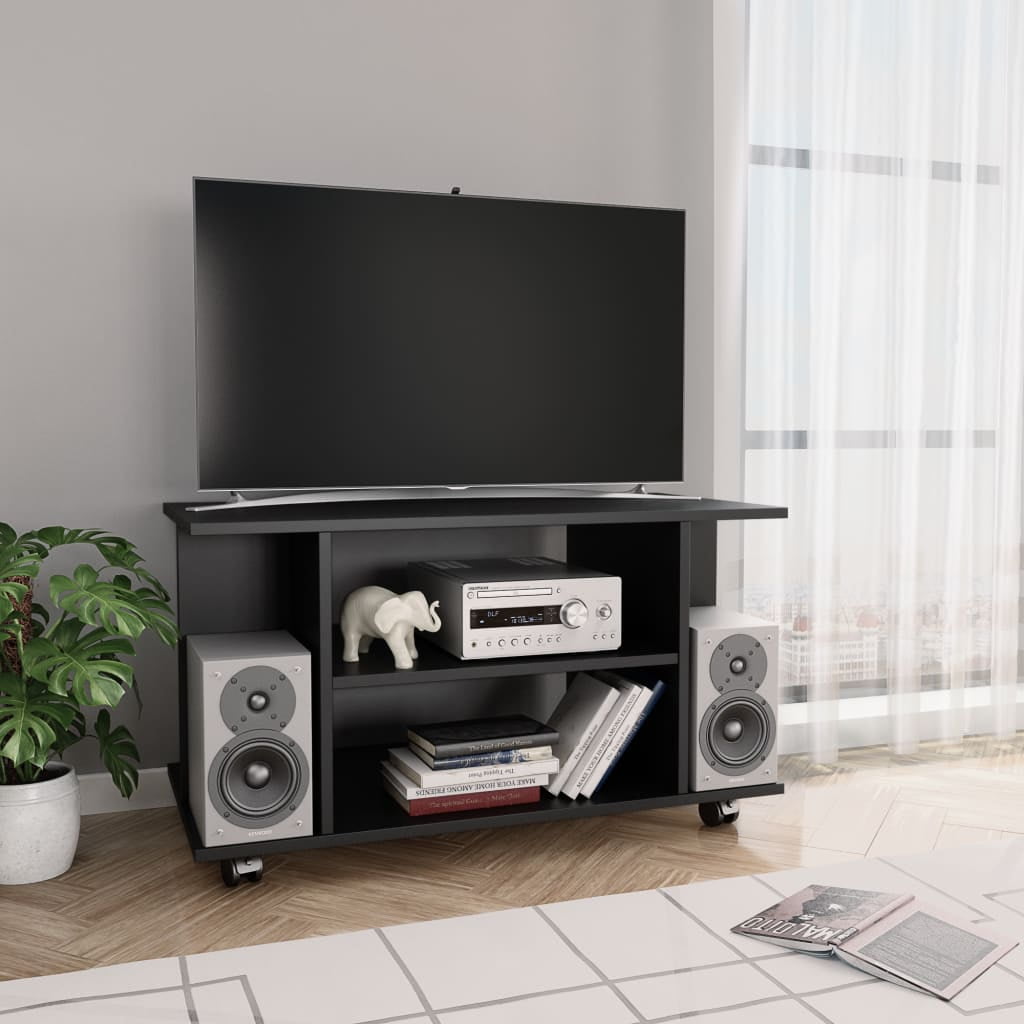 Veryke Modern TV Stand with Lockable Wheels, Wood Open Storage Shelves ...