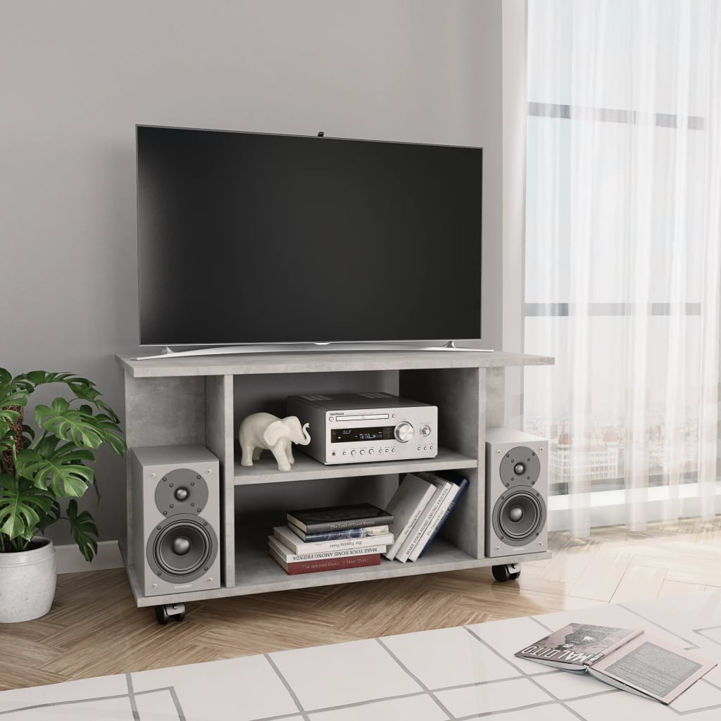 Veryke Modern TV Stand with Lockable Wheels, Wood Open Storage Shelves ...