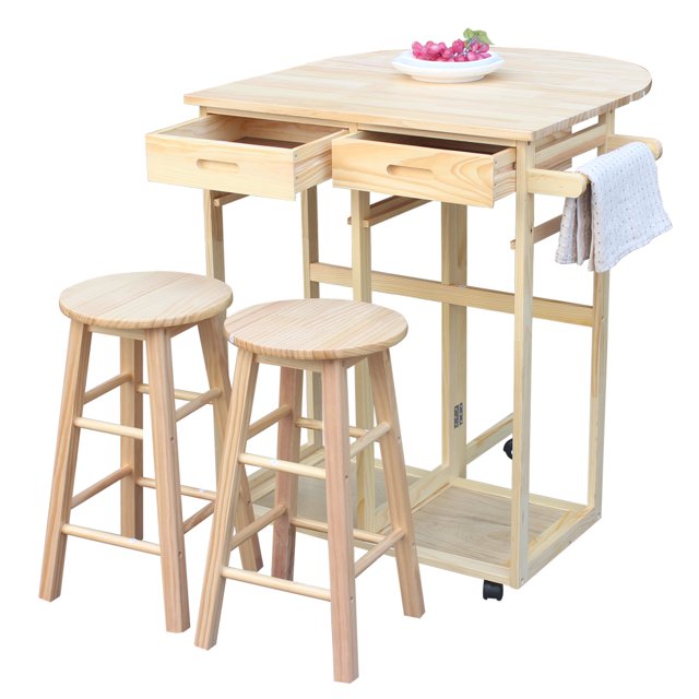 Veryke Rolling Kitchen Cart Island w/ 2 Stools, Wooden Dining Storage ...