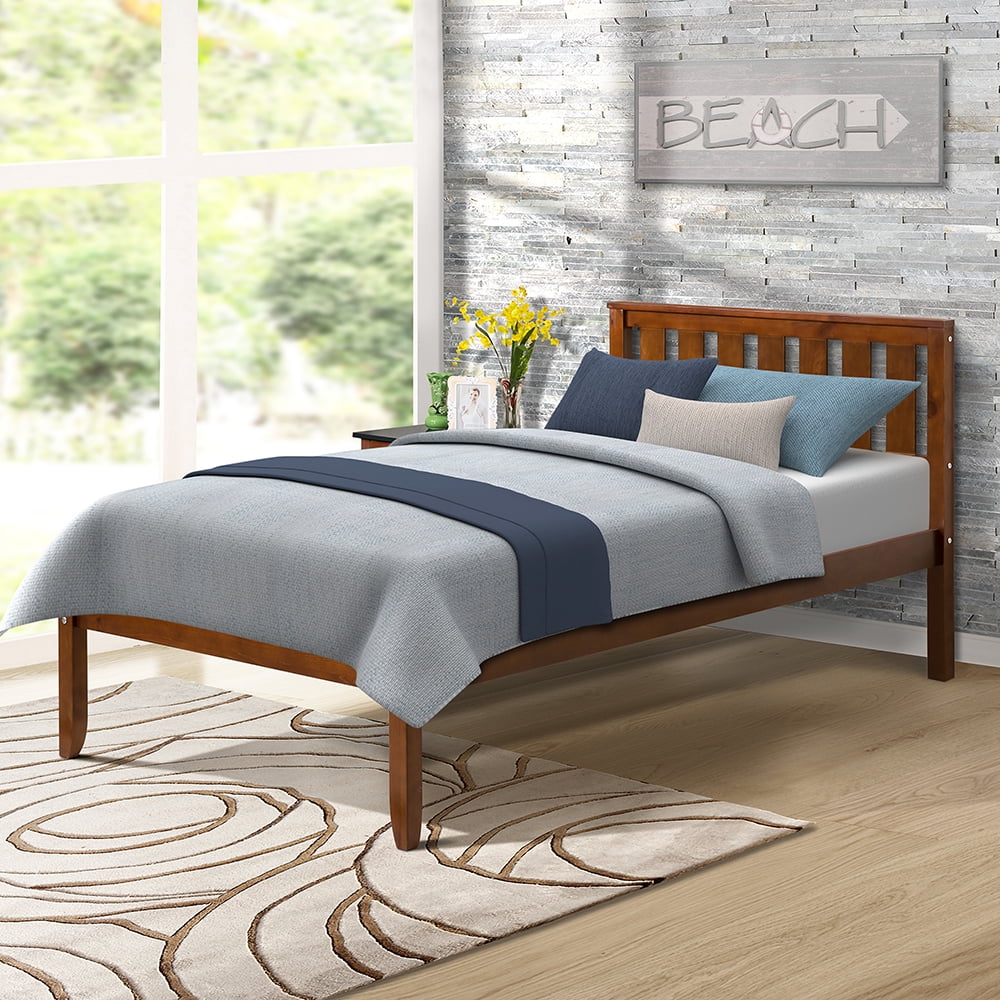 Veryke Solid Wood Twin Size Platform Beds With Headboard And Wood Slat