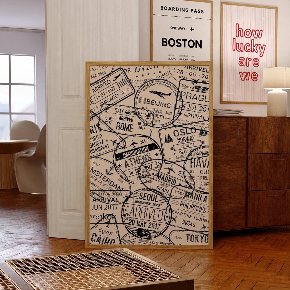 Vesco Black Passport Stamps Print Vintage Travel Poster, World City ...
