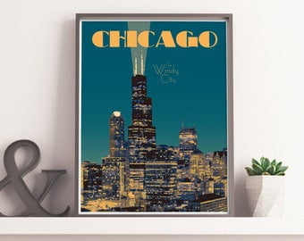 Vesco Chicago Illinois Vintage Style Travel Art Print, Chicago Ci ...