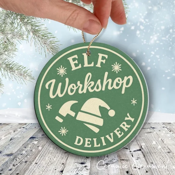 Vesco Christmas Stamps Elf Workshop Delivery Ceramic Christmas Ornament ...