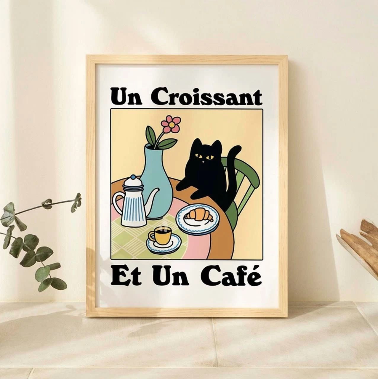 Vesco French Café Cat Wall Art Croissant & Coffee Retro Print For ...