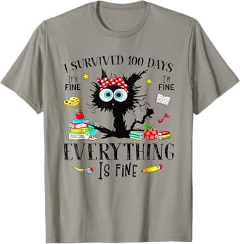 Vesco I Survived 100 Days Of School Teacher & Kids Funny Cat T-Shirt ...