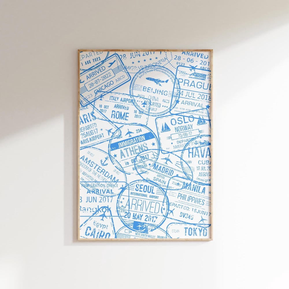 Vesco Passport Stamps Travel Art Print: Light Blue World Traveler Decor ...