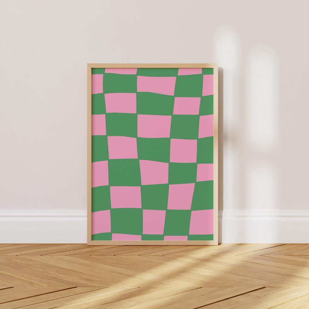 Vesco Pink Green Retro Abstract Print: Groovy Wavy Checkerboard, 16x24 ...