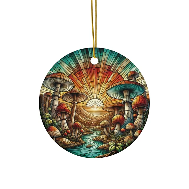 Vesco Stained Glass Style Mystical Mushroom Forest with Sunset ...