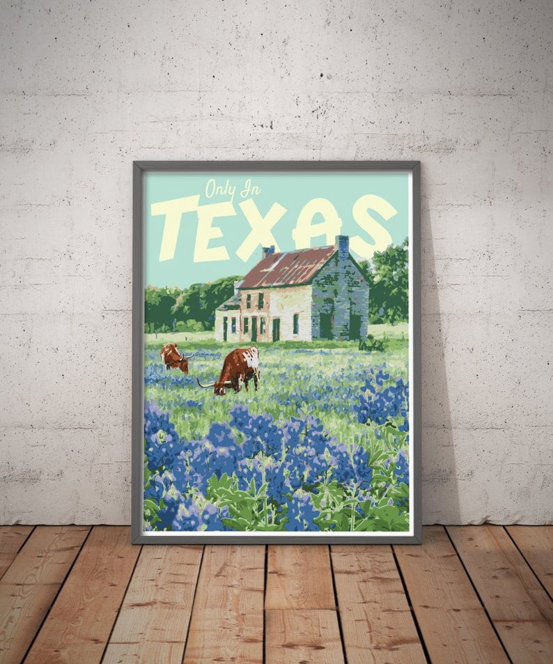 Vesco Texas Vintage Style Travel Art Print, Texas Bluebonnet Prin, 8x12 ...