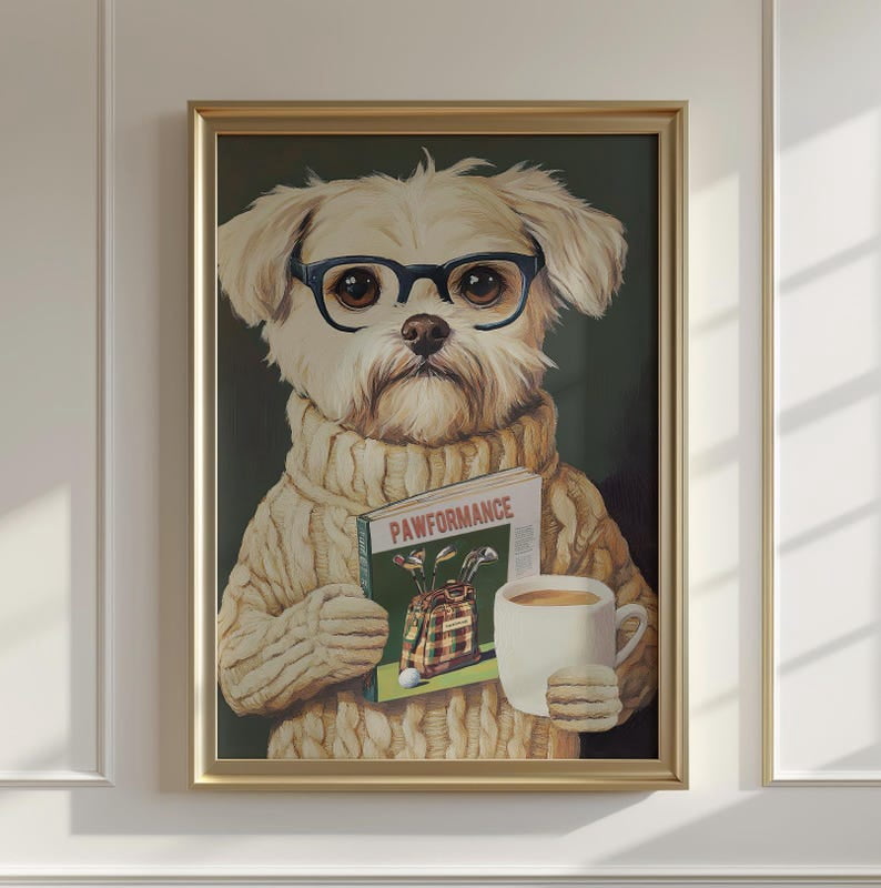 Vesco Whimsical Dog Reading Golf Magazine Poster, 12x18 UNFFRAMED ...