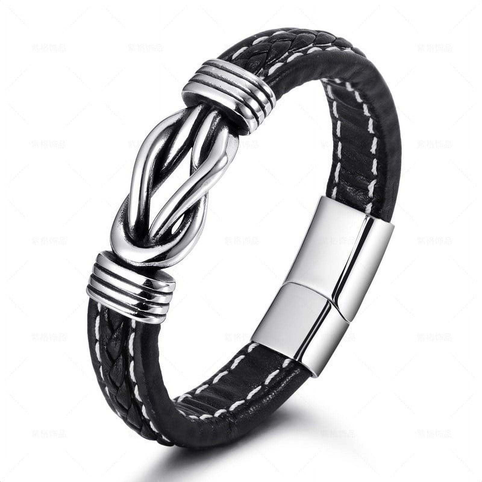 Veshon Men's Leather Bracelet with Stainless Steel Wristband Cuff ...