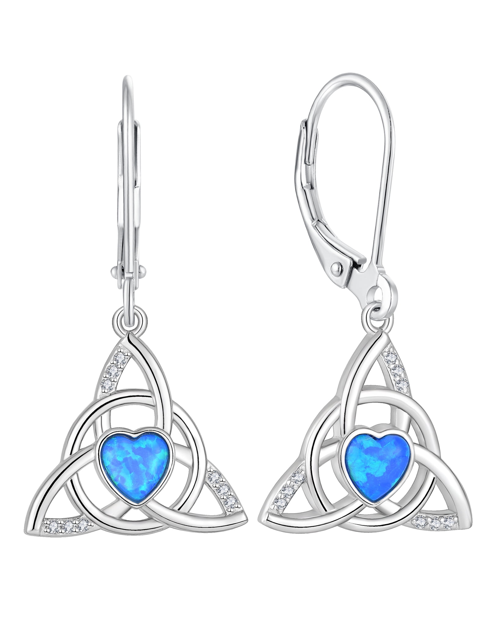VESITIM Sterling Silver Celtic Knot Leverback Earring Created Blue Heart Opal Dangle Drop ...