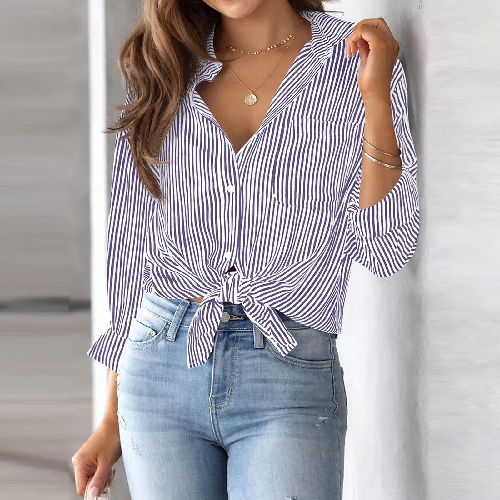 Veskora Striped Button Down Shirt Women Classic Long Sleeve Collared ...