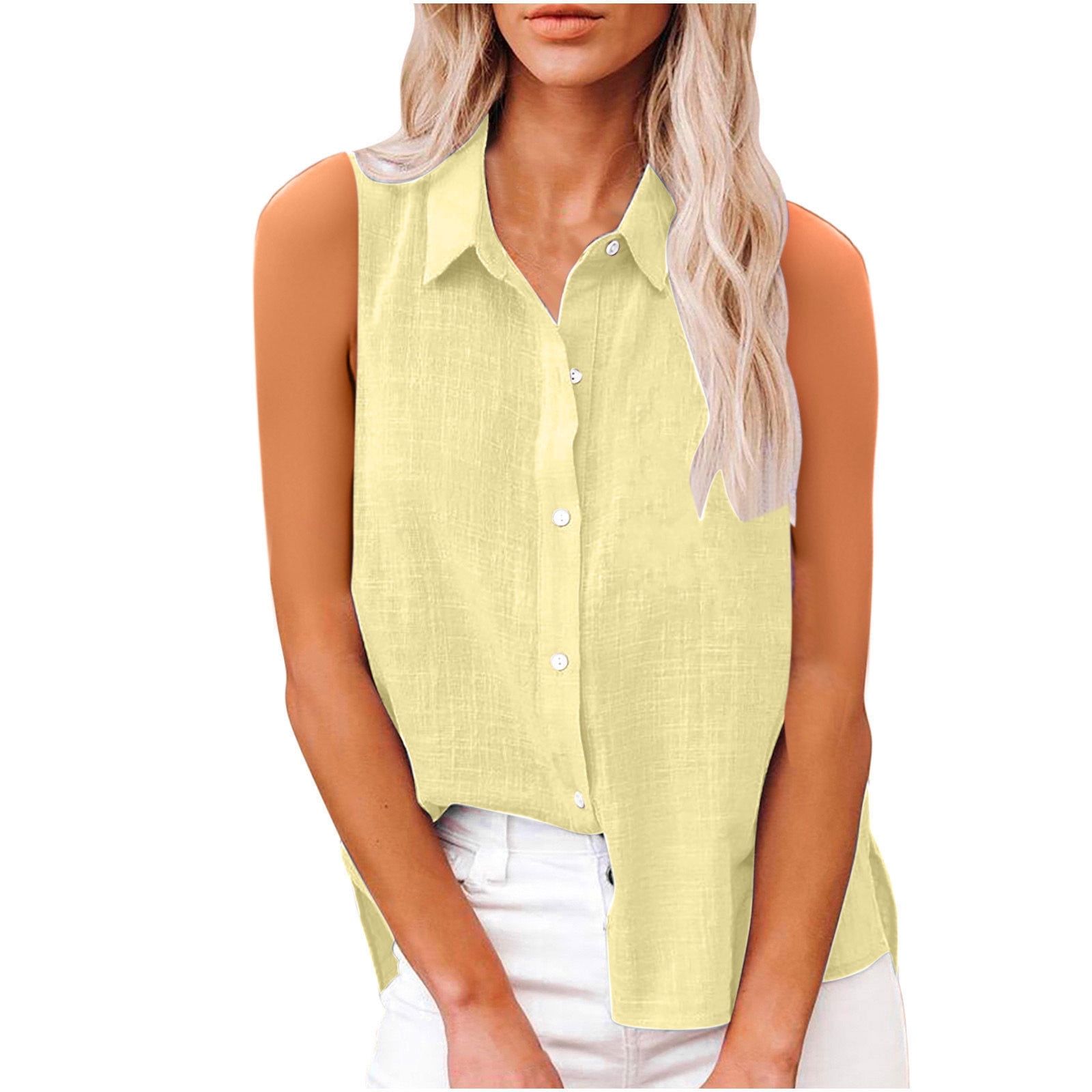 Vest Tops Women Button Down Shirts Cotton Linen Sleeveless Summer Tank